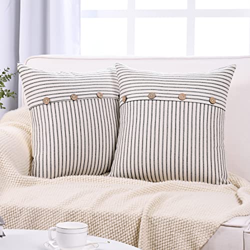 Farmhouse Button Pillow Covers 18 x 18, Black and Beige Striped Patchwork Pillow Covers, Set of 2 Modern Accent Square Couch Pillow Cases, Decorative Pillowcases with Buttons for Sofa Couch Bed