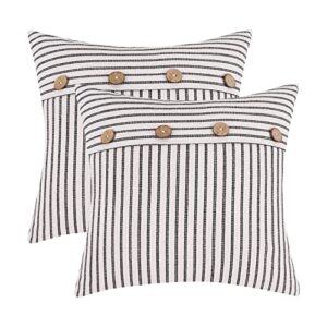 Farmhouse Button Pillow Covers 18 x 18, Black and Beige Striped Patchwork Pillow Covers, Set of 2 Modern Accent Square Couch Pillow Cases, Decorative Pillowcases with Buttons for Sofa Couch Bed