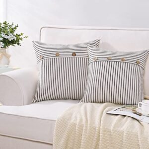 Farmhouse Button Pillow Covers 18 x 18, Black and Beige Striped Patchwork Pillow Covers, Set of 2 Modern Accent Square Couch Pillow Cases, Decorative Pillowcases with Buttons for Sofa Couch Bed