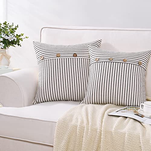 Farmhouse Button Pillow Covers 18 x 18, Black and Beige Striped Patchwork Pillow Covers, Set of 2 Modern Accent Square Couch Pillow Cases, Decorative Pillowcases with Buttons for Sofa Couch Bed