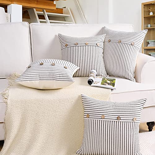 Farmhouse Button Pillow Covers 18 x 18, Black and Beige Striped Patchwork Pillow Covers, Set of 2 Modern Accent Square Couch Pillow Cases, Decorative Pillowcases with Buttons for Sofa Couch Bed