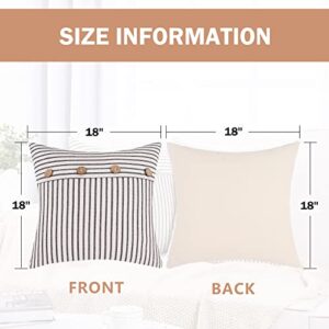 Farmhouse Button Pillow Covers 18 x 18, Black and Beige Striped Patchwork Pillow Covers, Set of 2 Modern Accent Square Couch Pillow Cases, Decorative Pillowcases with Buttons for Sofa Couch Bed