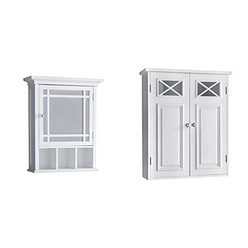 Elegant Home Fashions Neal Removable Wooden Medicine Cabinet with Mirrored Door, White & Dawson Removable Wooden Wall Cabinet with Cross Molding and 2 Doors, White