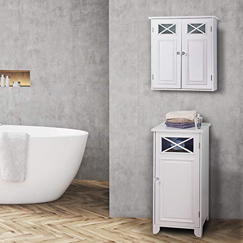 Elegant Home Fashions Neal Removable Wooden Medicine Cabinet with Mirrored Door, White & Dawson Removable Wooden Wall Cabinet with Cross Molding and 2 Doors, White