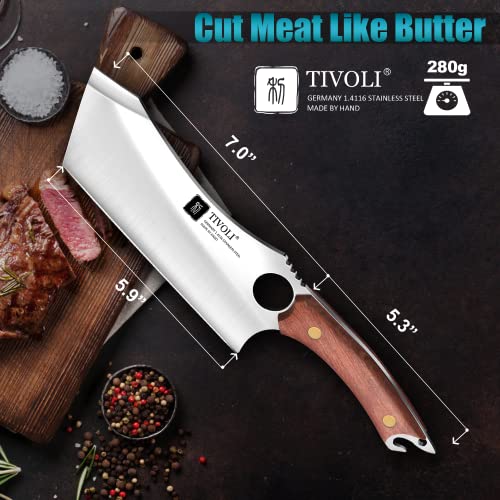 TIVOLI Meat Cleaver Knife Japanese Kitchen Vegetable Knife Sharp Forged In Fire Full Tang Cleaver Knife with Sheath Gift Box Bottle Opener for Outdoor Camping Thanksgiving Christmas Gifts