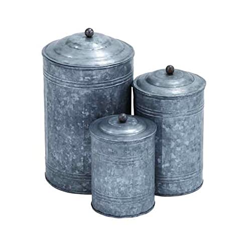 Benzara 38168 Rustic Metal Galvanized Canisters - Set of 3, Grey & Black