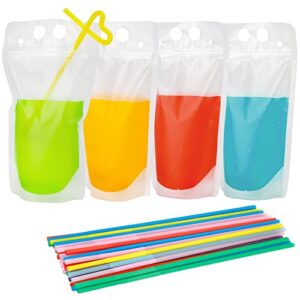 tomnk 200pcs drink pouches for adults with straws, heavy duty hand-held translucent reclosable plastic smoothie drink pouches with 200 straws