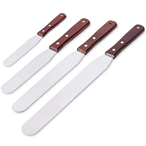 Acronde 4PCS Straight Cake Icing Spatula Set 4” 6” 8” 10” Professional Stainless Steel Cake Decorating Frosting Spatulas with Wooden Handle (Straight)