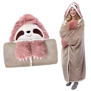 mutjida sloth wearable hooded blanket for adults - adorable soft cozy plush flannel fleece & sherpa hoodie throw cloak wrap - sloth gift for women (pink fur)