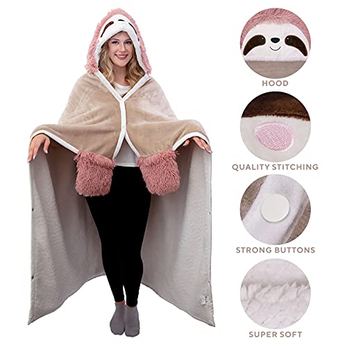 Mutjida Sloth Wearable Hooded Blanket for Adults - Adorable Soft Cozy Plush Flannel Fleece & Sherpa Hoodie Throw Cloak Wrap - Sloth Gift for Women (Pink Fur)