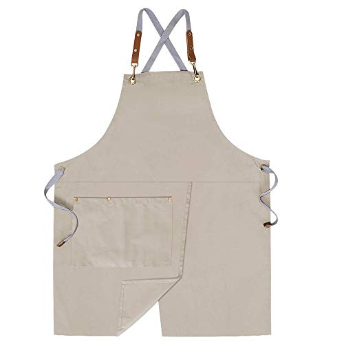 Mignongirl Crossback Apron with Pockets x2,Split Apron with Adjustable Straps,M-XXL (Beige)