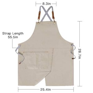 Mignongirl Crossback Apron with Pockets x2,Split Apron with Adjustable Straps,M-XXL (Beige)