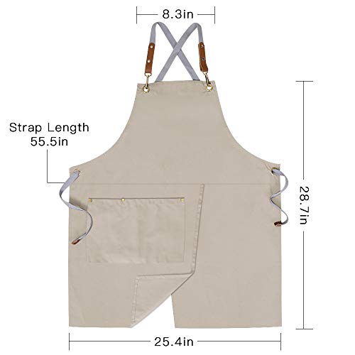 Mignongirl Crossback Apron with Pockets x2,Split Apron with Adjustable Straps,M-XXL (Beige)