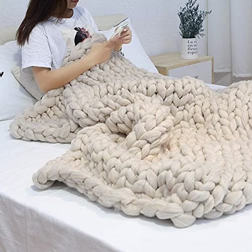 Beige Chunky Knit Blanket Throw Luxury Warm Knited Blanket for Couch/Sofa/Bed Decor Giant Knitted Blanket Boho Thick Cable Throw Blanket(40x40in)