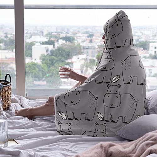 ARAHANT Cute Hippo Hooded Blanket, Cartoon Animal Hooded Blanket,  Hippopotamus Gift for Kid, Flannel, Soft and Comfortable, Suitable for Sofa, Living Room, Bedroom, 60'' x 80'' for Adult