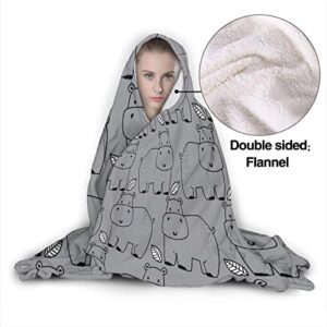 ARAHANT Cute Hippo Hooded Blanket, Cartoon Animal Hooded Blanket,  Hippopotamus Gift for Kid, Flannel, Soft and Comfortable, Suitable for Sofa, Living Room, Bedroom, 60'' x 80'' for Adult