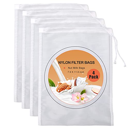 Kimmama 4 Pack Nut Milk Bag,Food Grade Nylon Nut Bag Strainer,7.9 x 11.8 inch Cheese Cloth Bag for Straining Fruit Juice,Nut Milk,Doufu,Almond,Coffee,Yogurt and Soup (Nylon, 7.9x11.8)