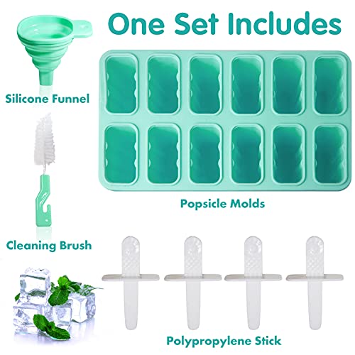 Popsicle Molds 12 Cavities BPA Free Silicone Popsicle Molds, Reusable Popcicale Mould Silicone for Kids, Ice Pop Molds Silicone Popsicle Maker Homemade Ice Cream Mold (Green)