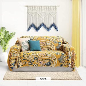 Heather Touch Boho Cotton Blanket Queen Christmas Blanket 4-Layer Yellow Decorative Blanket for Bed Sofa Couch Travel 78x90 inches Ginger/Mustard