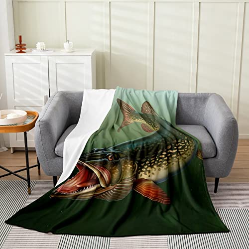 Erosebridal Bass Fishing Fleece Blanket, Big Mouth Pike Fish Throw Blanket for Bed Sofa Couch, Sea Animals Sherpa Blanket, Fish Scales Plush Bed Blanket, Ultra-Soft Warm Fuzzy Blanket, Twin