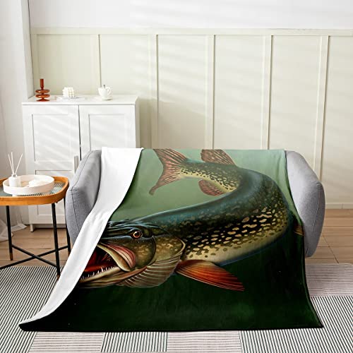 Erosebridal Bass Fishing Fleece Blanket, Big Mouth Pike Fish Throw Blanket for Bed Sofa Couch, Sea Animals Sherpa Blanket, Fish Scales Plush Bed Blanket, Ultra-Soft Warm Fuzzy Blanket, Twin