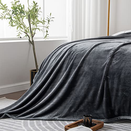 Finehom Soft Flannel Fleece Throw Blanket Queen Size, All Season 330GSM Super Soft Cozy and Warm Blanket for Bed Sofa Couch, 90x90 Inches, Dark Grey