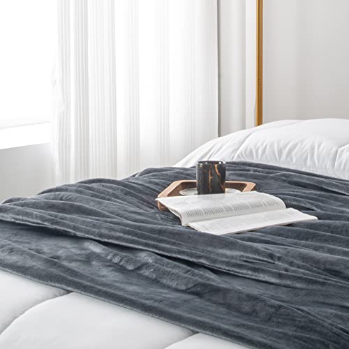 Finehom Soft Flannel Fleece Throw Blanket Queen Size, All Season 330GSM Super Soft Cozy and Warm Blanket for Bed Sofa Couch, 90x90 Inches, Dark Grey