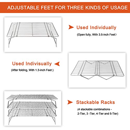 P&P CHEF Cooling Rack, 5-Tier Stainless Steel Stackable Baking Cooking Racks for Cooling Roasting Grilling, Collapsible & Heavy Duty, Oven & Dishwasher Safe - 15’’x10’’