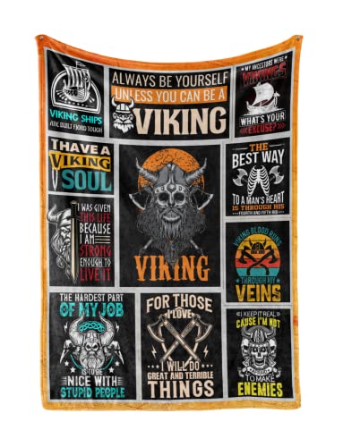 Huglanket Viking Gifts for Men Flannel Blanket Throws, Norse Mythology Viking Themed Throw (50"x 65") for Viking Friends Dad Grandpa Uncle on Father's Day, Birthday, Christmas - Viking