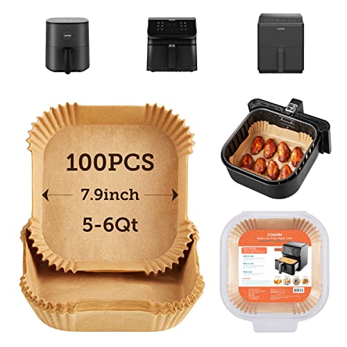 COSORI Air Fryer Liners, 100 PCS Square Disposable Paper Liners, Non-Stick Silicone Oil Coating, Little to No Cleaning, 7.9" Unbleached Food Grade, Resistant to 465°F, Thickened Not Easy to Break