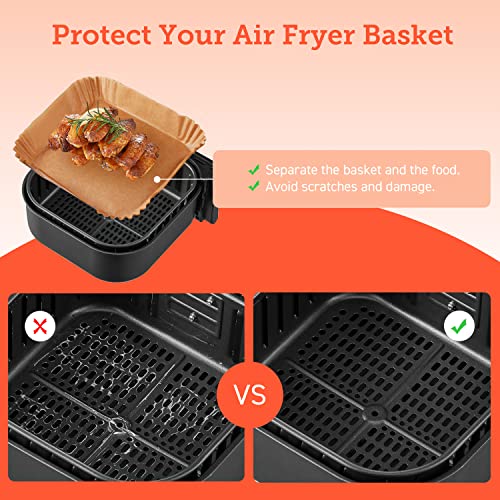 COSORI Air Fryer Liners, 100 PCS Square Disposable Paper Liners, Non-Stick Silicone Oil Coating, Little to No Cleaning, 7.9" Unbleached Food Grade, Resistant to 465°F, Thickened Not Easy to Break