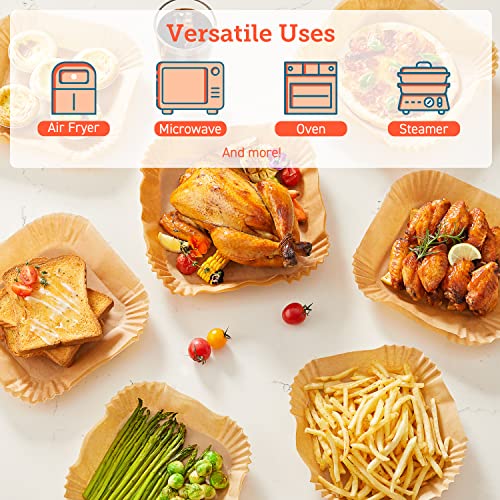 COSORI Air Fryer Liners, 100 PCS Square Disposable Paper Liners, Non-Stick Silicone Oil Coating, Little to No Cleaning, 7.9" Unbleached Food Grade, Resistant to 465°F, Thickened Not Easy to Break