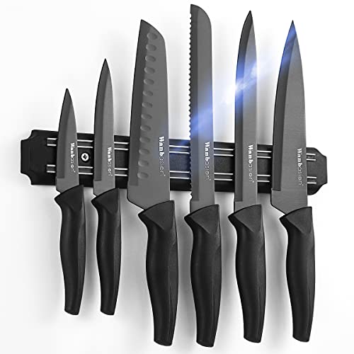 Wanbasion 7 Piece Black Sharp Knife Set for Kitchen, Stainless Steel Kitchen Knife Set, Chef Knife Set with Magnetic Strip and Cover for Meat Cutting