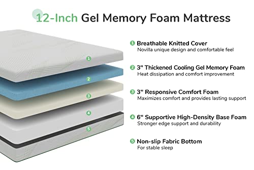 Novilla Queen Mattress, 12 Inch Gel Memory Foam Mattress Cooling, Queen Size Mattress in a Box for Back Pain Relief, Medium Firm Mattress with Edge Support & Motion Isolation