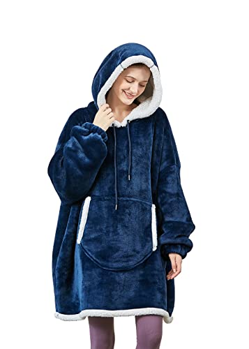 PACIFICTEX Ultra Plush Blanket Hoodie, Wearable Blanket Hoodie, Sherpa Blanket Sweatshirt, Hood with Drawcords, One Size Fits All (Blue)