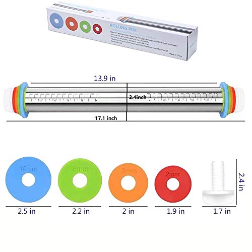 NASNAIOLL Adjustable Rolling Pin with Thickness Rings Measurement Pastry for Baking Cookie Dough Pizza Pastry Pie Pasta, French Style Stainless Steel Roller