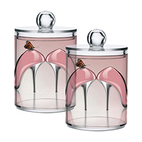 xigua Pink High Heel Shoes Butterfly Qtip Holder Dispenser,2 Pack Storage Canister Clear Plastic Jar with Lids for Cotton Ball,Cotton Swab -- 10 Oz#38