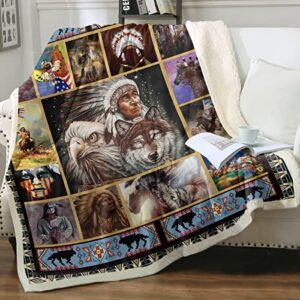 sleepwish native american throw blanket, indian chiefs wolf eagle ultra soft cozy blanket sherpa fleece blanket travel couch bed plush blanket, throw(50"x60")