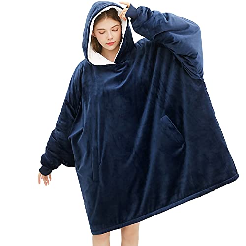 Bertte Wearable Blanket Sweatshirt Oversized Hoodie Sherpa Blanket Sweater Birthday Gifts, Lightweight Plush Hooded Poncho Soft Warm Pullover for Woman and Men, One Size Fits All, Navy