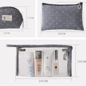 3 piece set of transparent waterproof PVC+canvascosmetic bag grey imperial crown