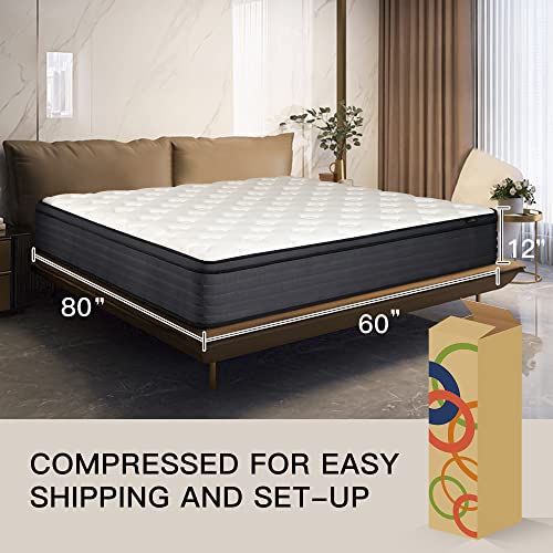 AICEHOME Queen Mattress, 12 Inch Individual Pocket Springs with Gel Memory Foam, Medium Firm Mattresses in a Box, Hybrid Queen Size Mattress with Pressure Relief 80" L x 60" W x 12" T