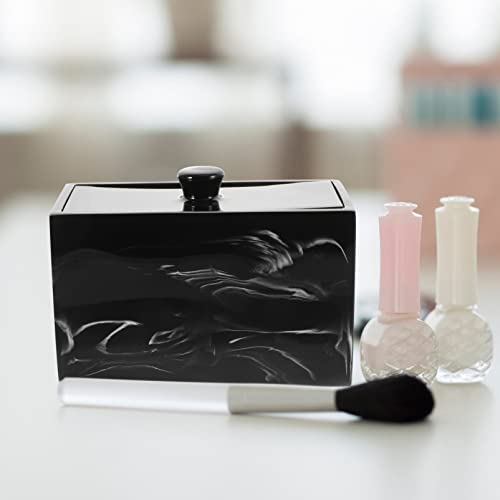 EXCEART Cotton Swab Holder with Lid Resin Marble Pattern Cotton Ball Canister Cotton Pads Dispenser Flossers Storage Box Cosmetics Organizer with 2 Compartments for Barthroom Vanity Black