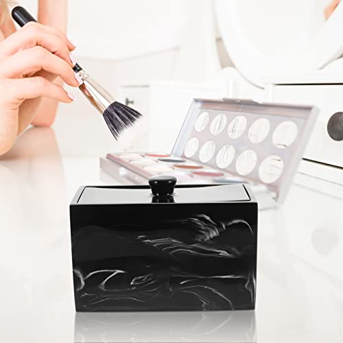 EXCEART Cotton Swab Holder with Lid Resin Marble Pattern Cotton Ball Canister Cotton Pads Dispenser Flossers Storage Box Cosmetics Organizer with 2 Compartments for Barthroom Vanity Black