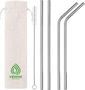 vehhe metal straws stainless steel straws drinking straws reusable - 10.5" ultra long 4 + 1 - w/cleaning brush for 20/30 oz for yeti rtic sic ozark trail tumblers (2 straight|2 bent|1 brush)