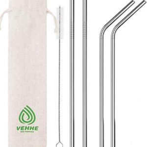 VEHHE Metal Straws Stainless Steel Straws Drinking Straws Reusable - 10.5" Ultra Long 4 + 1 - W/Cleaning Brush for 20/30 Oz for Yeti RTIC SIC Ozark Trail Tumblers (2 Straight|2 Bent|1 Brush)