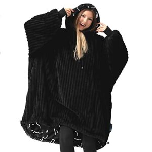 wearable blanket hoodie women and men, reversible plush microfiber hooded blanket adult, oversized sweatshirt blanket one size fits all, warm and cozy hoodie blanket - black/scribble