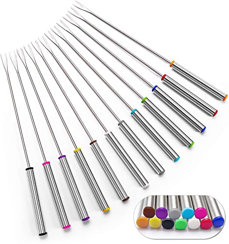 Sago Brothers - Set of 12 Stainless Steel Fondue Forks 9.5" - Color Coding Cheese Fondue Forks with Heat Resistant Handle for Chocolate Fountain Cheese Fondue Roast Marshmallows