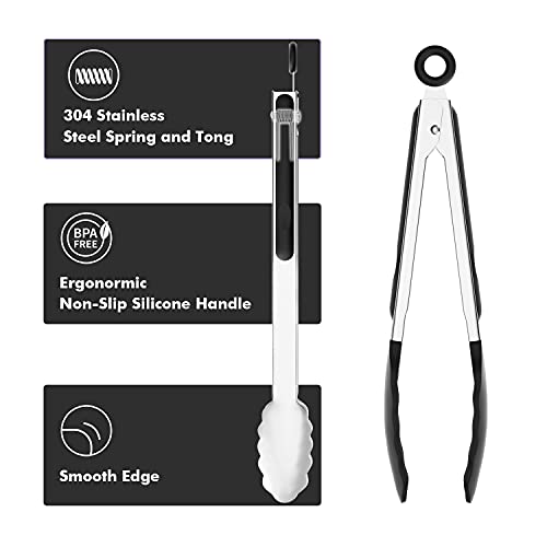 ChefAide Set of 2 Cooking Tongs,18/8 Stainless Steel and Silicone Rubber Grips with 600ºF High Heat-Resistant,Kitchen Utensils,Cooking Utensils for Grill,Salad,BBQ,Frying,Baking,Serving 9/12 inches