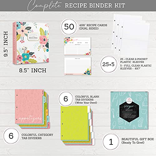 Recipe Binder 3 Ring Organizer Blank Recipe Book 8.5" x 9.5" with 50 Blank Recipes Cards (4x6), Full Page Dividers, Plastic Page Protectors Recipe Book to Write in Your own Recipes