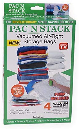 PAC 'N STACK, Handheld Vacuum Sealing Storage with Bags, Easy to Use, Reusable, Waterproof, Cordless, Compact, and Portable, Ideal for Travel, Reduces Volume (32 Pack Bags)